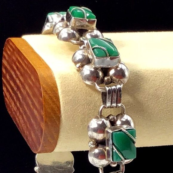Taxco | Jewelry | Green Stone Inlay Bracelet Sterling Silver Vintage ...